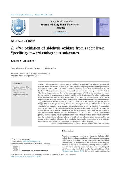 Pdf In Vitro Oxidation Of Aldehyde Oxidase From Rabbit Liver