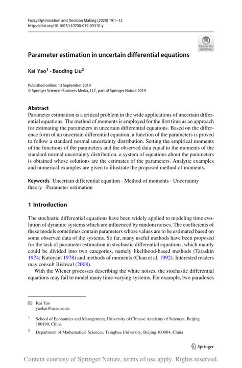 Parameter Estimation In Uncertain Differential Equations Request Pdf