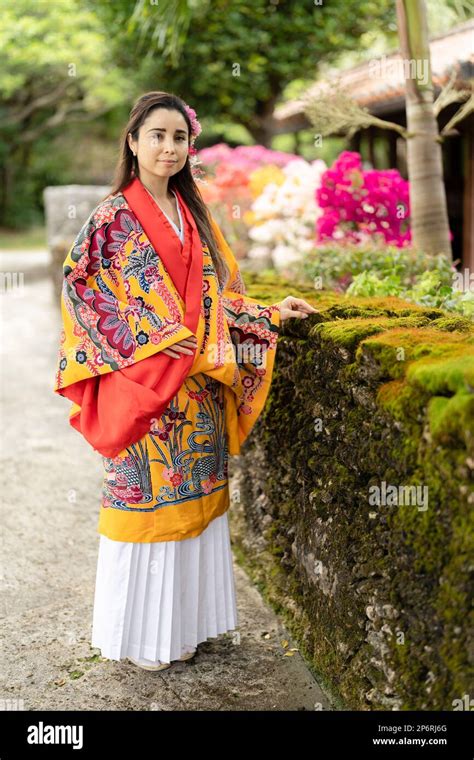 Woman Wearing Uchinaasugai Ryusou Ryuso Traditional Dress Of Ryukyu