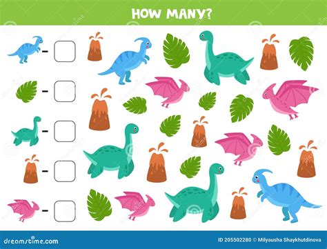 Counting Game With Cute Cartoon Dinosaurs Math Worksheet Vector