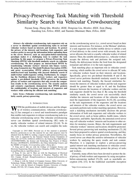 Pdf Privacy Preserving Task Matching With Threshold Similarity Search Via Vehicular Crowdsourcing