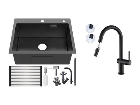 Évier Cuisine1bac Noir 58 45 18cm Avec Egouttoir évier Enroulable Distributeur Savon Robinet De