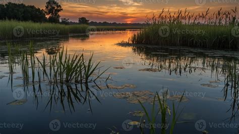 Serene Sunset Over A Tranquil Wetland With Lush Grasses And Lily Pads