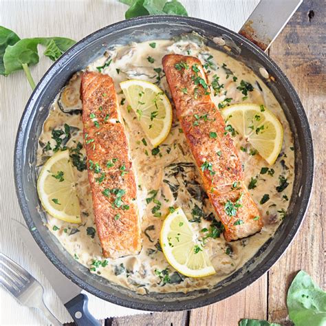 Seared Salmon With Creamy Spinach And Mushroom Sauce Recipe