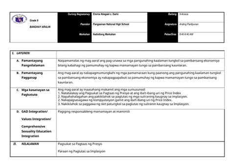 Ang Implasyon Grade 9 Semi Detailed Lesson Plan Docx