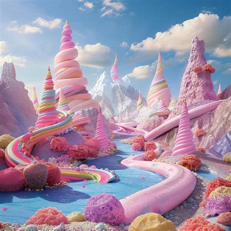 Candy Land Fantasy A Surreal Landscape With A Candy Volcano Stock