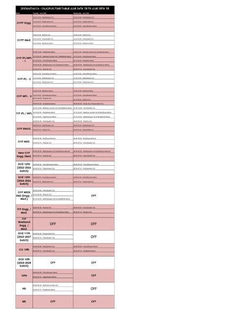 Time Table June 24th 2025 To June 25th 2025 Pdf