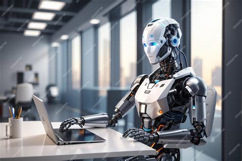 미래 사무실에서 태블릿 컴퓨터를 사용하는 로 ⁇ 휴머노이드 Ai 사고 뇌 인공지능과 기계 학습 프로세스를 사용합니다 프리미엄 사진