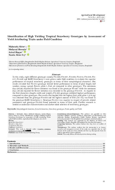 pdf identification of high yielding tropical strawberry genotypes by