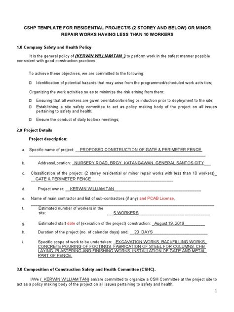 Cshp Template For Residential New 2 Repaired Download Free Pdf Personal Protective