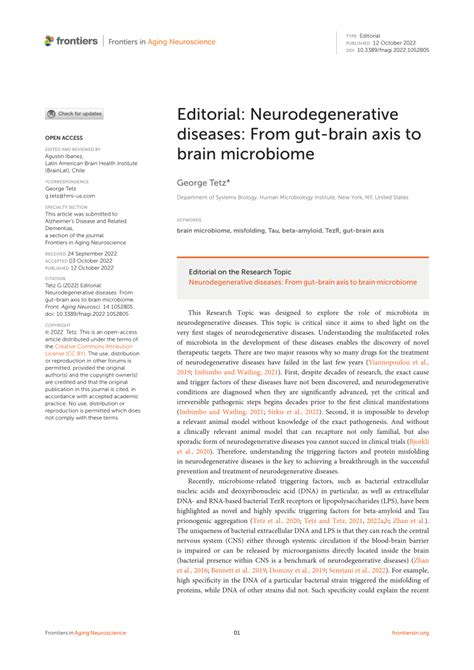 Pdf Editorial Neurodegenerative Diseases From Gut Brain Axis To