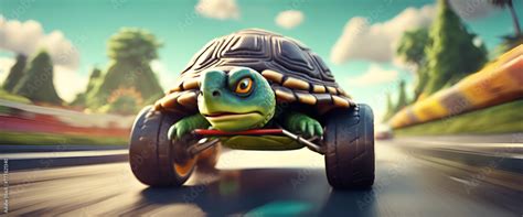 A Cute Cartoon Turtle Racing In An Off Road Car With The Head And