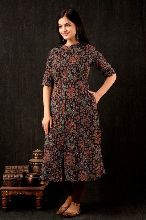 Black Cotton Katha Printed A Line Kurti Set Ethnicmix 4461232