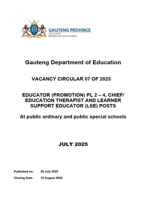 Gde Vacancy Circular 07 Of 2025 Pdf Johannesburg Vocational Education