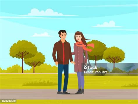 도시 공원에서 걷는 관계에서 커플 젊은 남자와 여자 포옹 에 자연 로맨틱 한 산책 가족에 대한 스톡 벡터 아트 및 기타 이미지