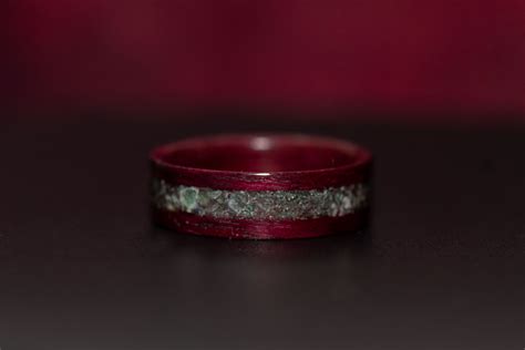 Handcrafted Purpleheart Wood Ring With Green Emerald Inlay Unique