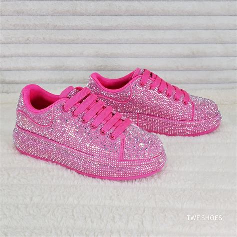 Dazzle Cush Bright Hot Pink Neon Rhinestone Comfy Platform Sneakers