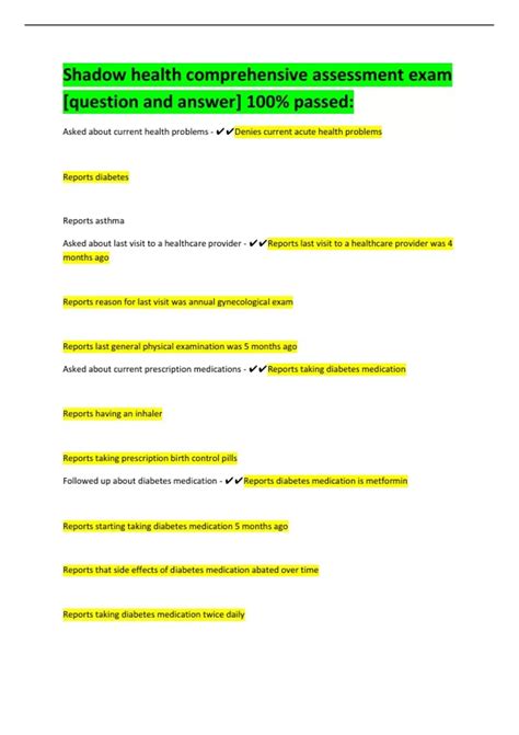 Shadow Health Comprehensive Assessment Exam Question And Answer 100