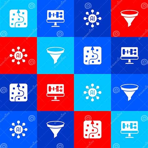Set Neural Network Algorithm And Funnel Filter Icon Vector Stock