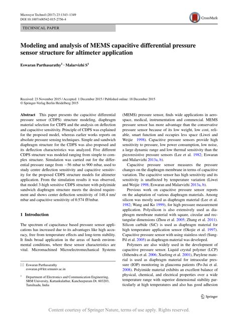 Modeling And Analysis Of MEMS Capacitive Differential Pressure Sensor Structure For Altimeter