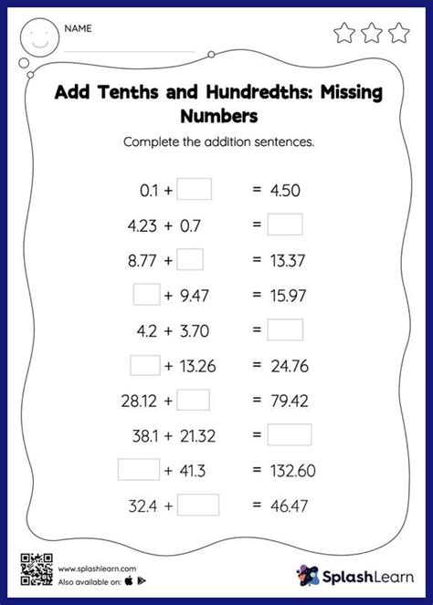 Add Tenths And Hundredths Missing Numbers Math Worksheets Splashlearn