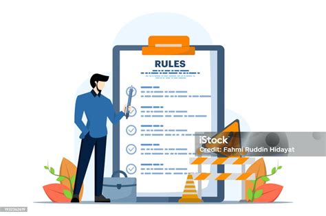 사업가는 규정 및 규제 문서 작성을 마칩니다 직원이 준수해야 하는 규칙 및 규정 정책 및 지침 법적 요구 사항 회사 규정 준수 또는 법령 연습하기에 대한 스톡 벡터 아트 및
