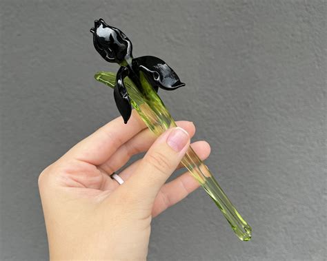 Decorative Long Stem Iris Flower T Blown Glass Iris Flower Figurine Black Glass Iris