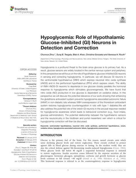Pdf Hypoglycemia Role Of Hypothalamic Glucose Inhibited Gi Neurons