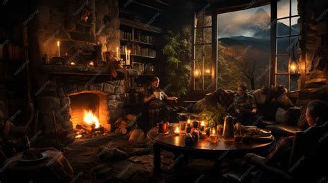 Premium Photo A Cozy Fireside Scene With Friends Sharing Background