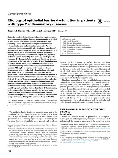 Pdf Etiology Of Epithelial Barrier Dysfunction In Patients With Type 2 Inflammatory Diseases