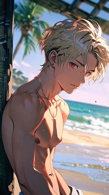 Handsome Anime Boy At The Beach Summer Vibes Generative Ai Premium Ai