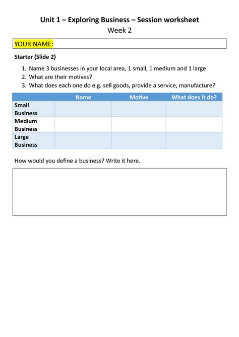 week 2 session 2 exercise sheet unit 1 exploring business