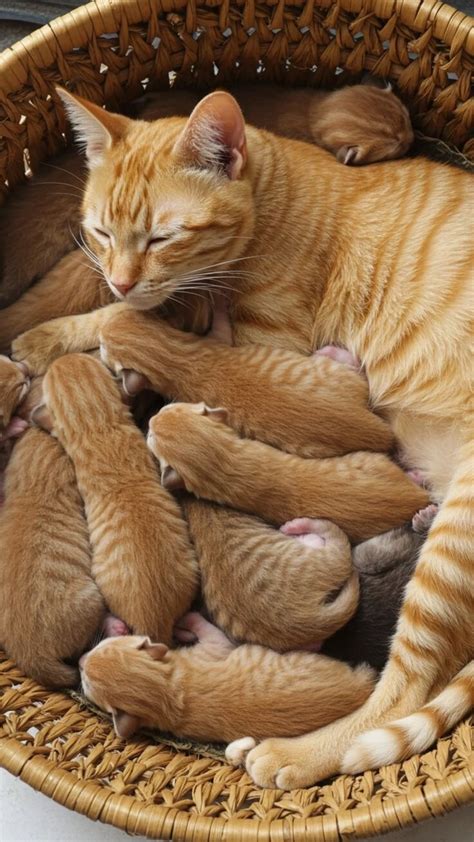 Kitten And Mother Mother Cat With Her Kittens Basket Of Cats Orange