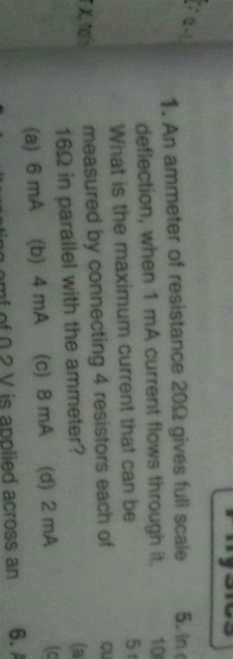 An Ammeter Of Resistance 20Ω Gives Full Scale Deflection When 1 Ma Curre