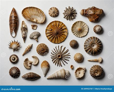 Collection Of Fossils Biological Specimens Shell Bones On White