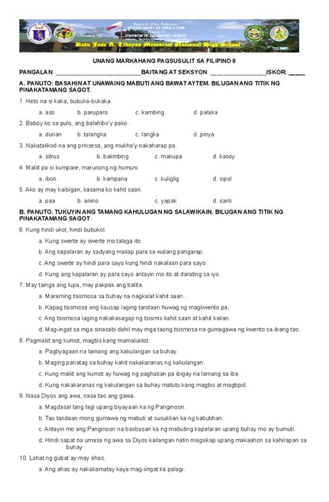 Ikaapat Lingguhang Pagsusulit Sa Filipino Ikalawang Markahan Pdf My