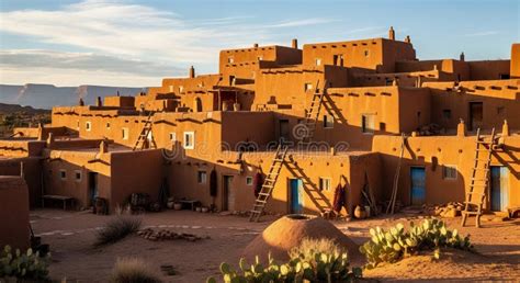 Ancient Adobe Pueblo Village Bathed In Golden Hour Sunlight Showcasing