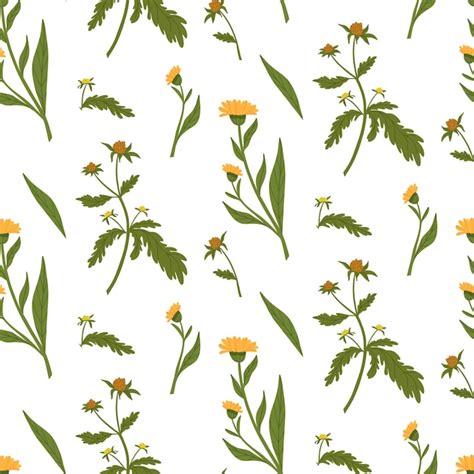 Premium Vector Rich Green Samless Patern With String And Calendula