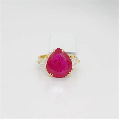 Gia Mozambique Ruby Pear And White Diamond Trillion Three Stone Ring