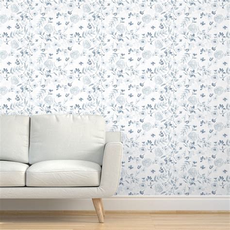 Soft Blue Floral Wallpaper Faded Floral Watercolor By Erin Etsy