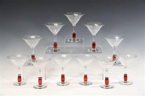 Set Of 12 Libbey Nash Art Deco Handblown Wheel Cut Ruby Stem Cocktail