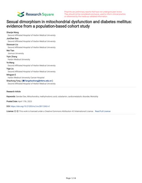 Pdf Sexual Dimorphism In Mitochondrial Dysfunction And Diabetes Mellitus Evidence From A