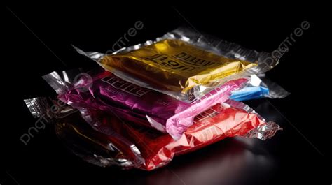 Stack Of Candy Wrappers In Colors On A Black Background Condoms