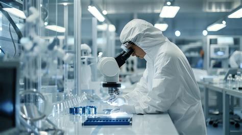 Scientist In A Cleanroom Suit Working With A Microscope In A Laboratory
