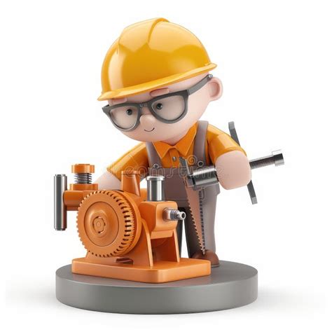 Cute Cartoon Engineer Repairing An Orange Machine Stock Illustration