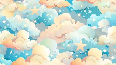 Premium Photo A Whimsical Pattern With Fluffy Clouds And Stars On A
