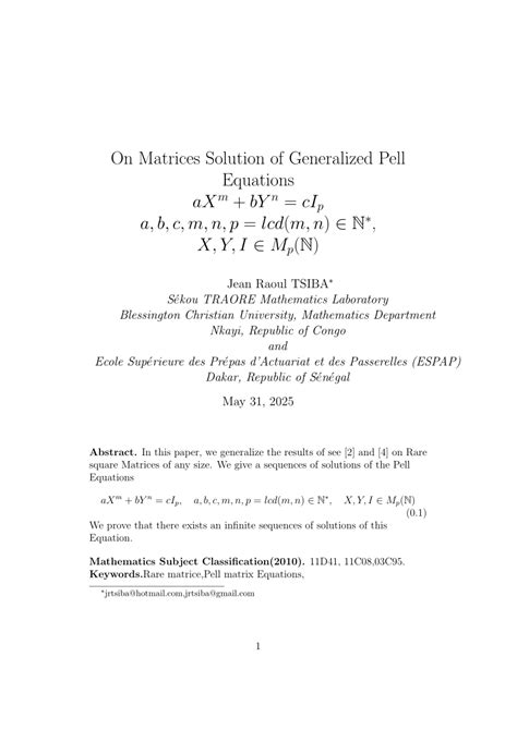 Pdf On Matrices Solution Of Generalized Pell Equations Ax M By