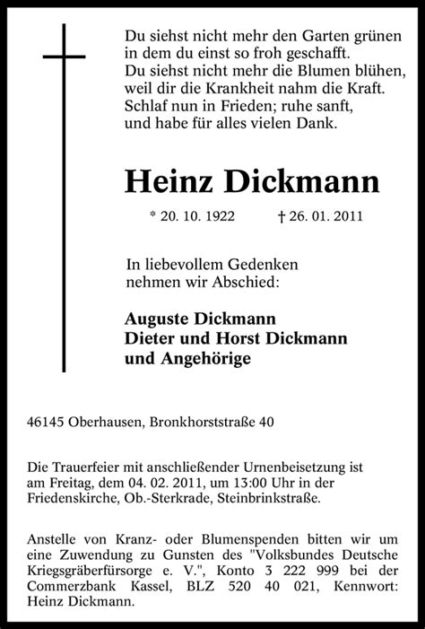 Traueranzeigen Von Heinz Dickmann Trauer In Nrwde