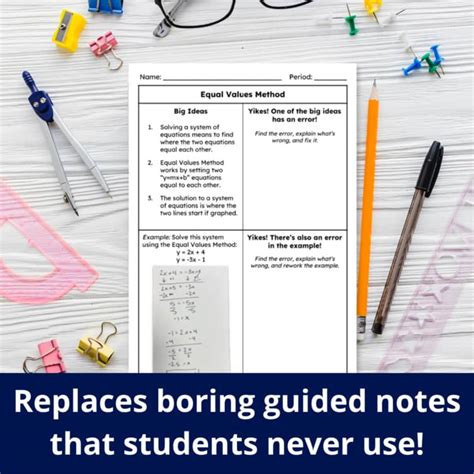 Solving Systems Of Equations Algebraically Equal Values Method Notes 8th Grade
