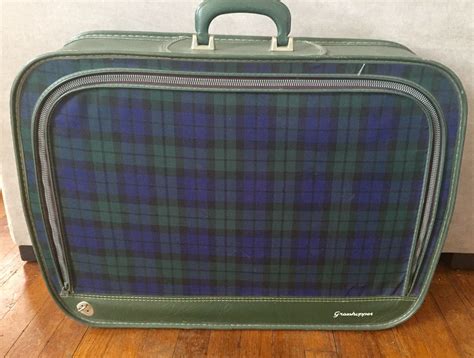 Vintage Luggage Atlantic Grasshopper Blue And Green Plaid Suitcase